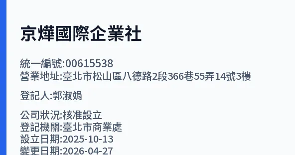 京燁國際企業社的照片-統編 00615538(臺北市) 公司登記資料與營業項目詳細圖表