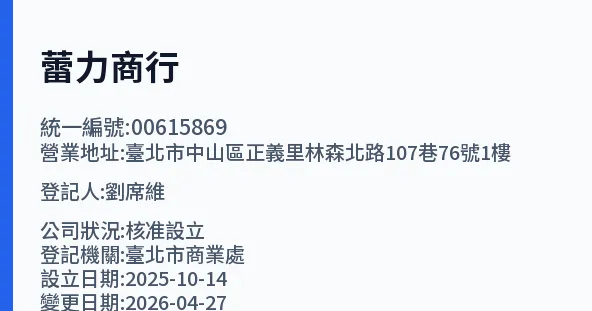 蕾力商行的照片-統編 00615869(臺北市) 公司登記資料與營業項目詳細圖表