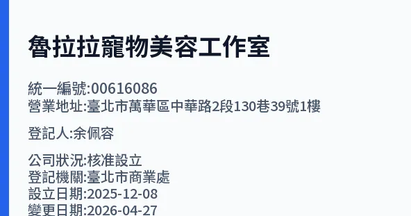 魯拉拉寵物美容工作室的照片-統編 00616086(臺北市) 公司登記資料與營業項目詳細圖表