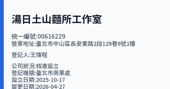 湯日土山麵所工作室的照片-統編 00616229(臺北市) 公司登記資料與營業項目詳細圖表