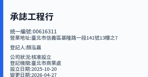 承誌工程行的照片-統編 00616311(臺北市) 公司登記資料與營業項目詳細圖表