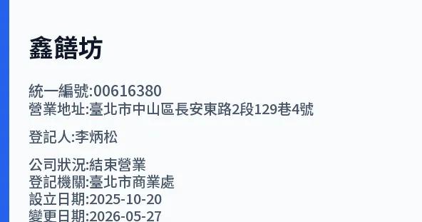 鑫饍坊的照片-統編 00616380(臺北市) 公司登記資料與營業項目詳細圖表