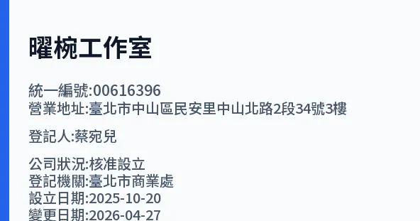 曜椀工作室的照片-統編 00616396(臺北市) 公司登記資料與營業項目詳細圖表