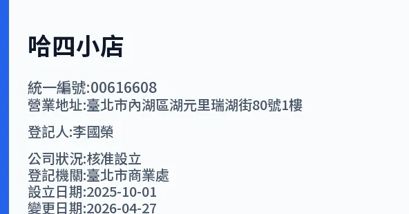 哈四小店的照片-統編 00616608(臺北市) 公司登記資料與營業項目詳細圖表