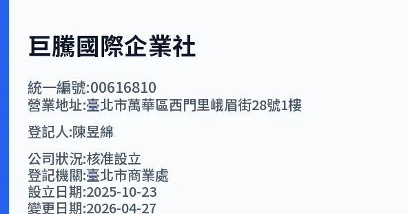 巨騰國際企業社的照片-統編 00616810(臺北市) 公司登記資料與營業項目詳細圖表