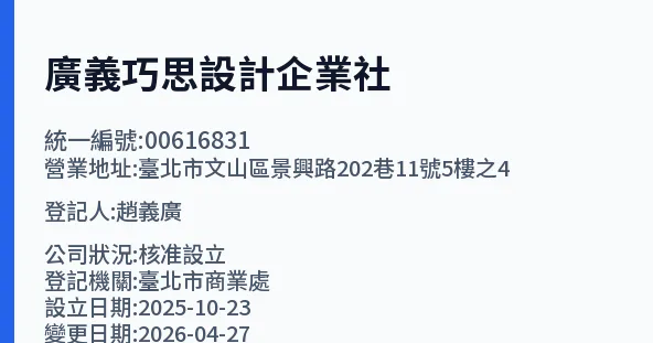 廣義巧思設計企業社的照片-統編 00616831(臺北市) 公司登記資料與營業項目詳細圖表