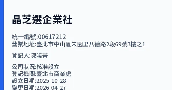 晶芝選企業社的照片-統編 00617212(臺北市) 公司登記資料與營業項目詳細圖表