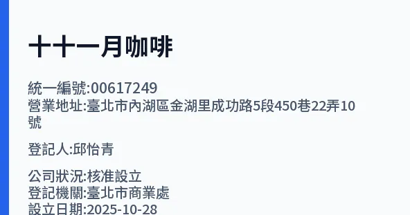 十十一月咖啡的照片-統編 00617249(臺北市) 公司登記資料與營業項目詳細圖表