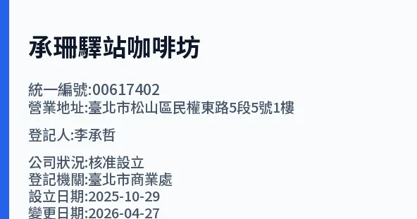 承珊驛站咖啡坊的照片-統編 00617402(臺北市) 公司登記資料與營業項目詳細圖表