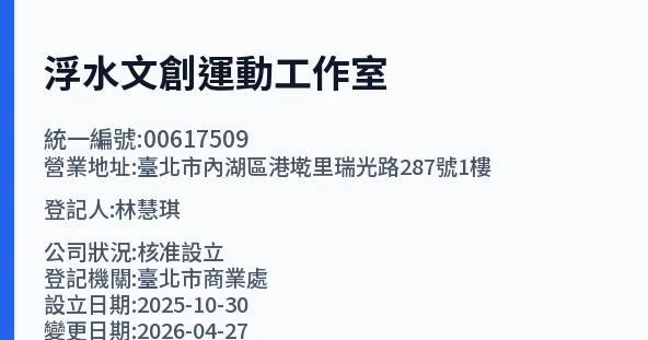 浮水文創運動工作室的照片-統編 00617509(臺北市) 公司登記資料與營業項目詳細圖表