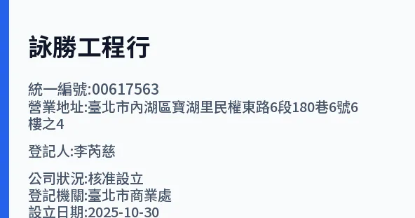 詠勝工程行的照片-統編 00617563(臺北市) 公司登記資料與營業項目詳細圖表