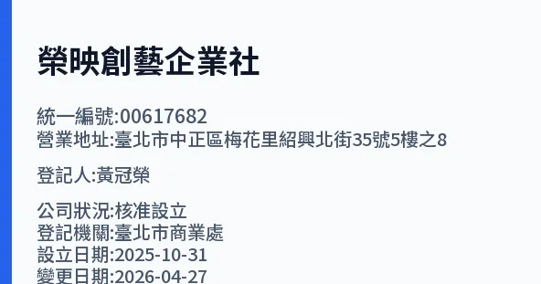 榮映創藝企業社的照片-統編 00617682(臺北市) 公司登記資料與營業項目詳細圖表