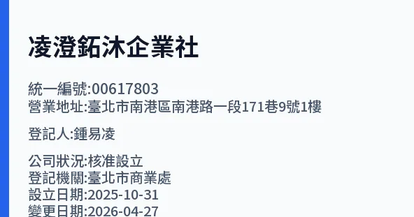 凌澄鉐沐企業社的照片-統編 00617803(臺北市) 公司登記資料與營業項目詳細圖表