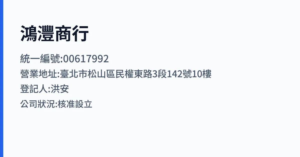 鴻灃商行 - 統編 00617992(臺北市) 公司登記資料與營業項目詳細圖表