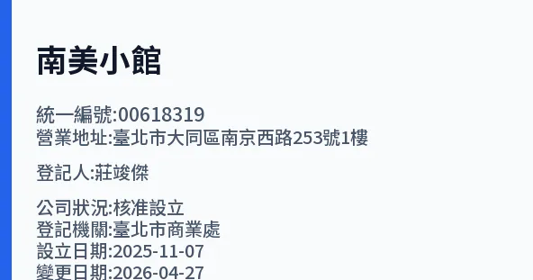 南美小館的照片-統編 00618319(臺北市) 公司登記資料與營業項目詳細圖表