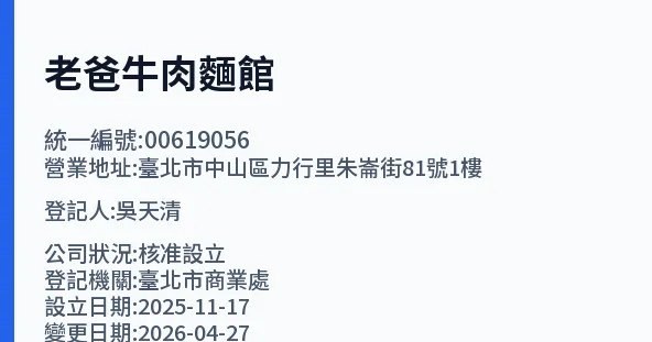 老爸牛肉麵館的照片-統編 00619056(臺北市) 公司登記資料與營業項目詳細圖表