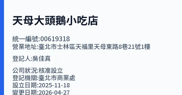天母大頭鵝小吃店的照片-統編 00619318(臺北市) 公司登記資料與營業項目詳細圖表
