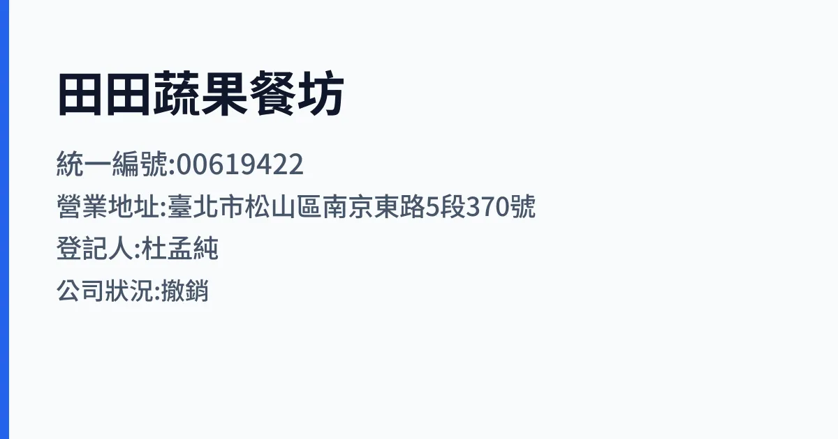 田田蔬果餐坊 - 統編 00619422(臺北市) 公司登記資料與營業項目詳細圖表