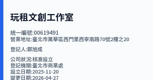 玩租文創工作室的照片-統編 00619491(臺北市) 公司登記資料與營業項目詳細圖表