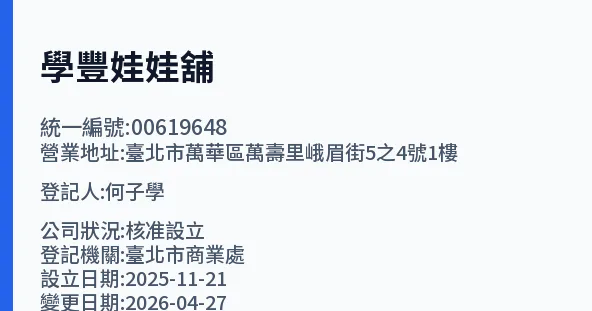 學豐娃娃舖的照片-統編 00619648(臺北市) 公司登記資料與營業項目詳細圖表