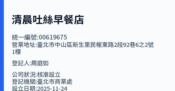 清晨吐絲早餐店的照片-統編 00619675(臺北市) 公司登記資料與營業項目詳細圖表
