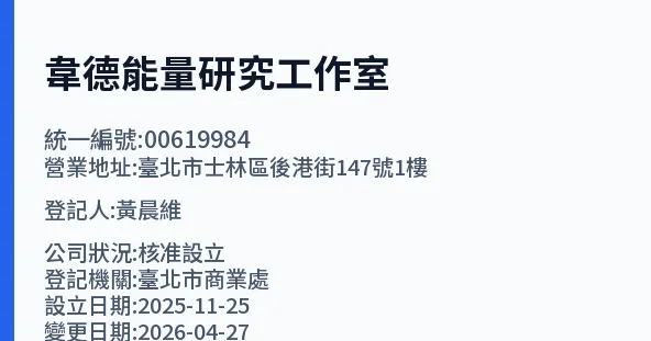 韋德能量研究工作室的照片-統編 00619984(臺北市) 公司登記資料與營業項目詳細圖表