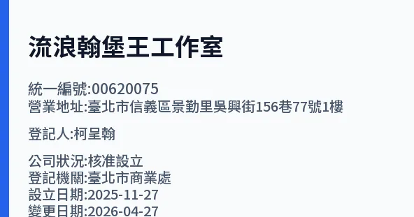 流浪翰堡王工作室的照片-統編 00620075(臺北市) 公司登記資料與營業項目詳細圖表