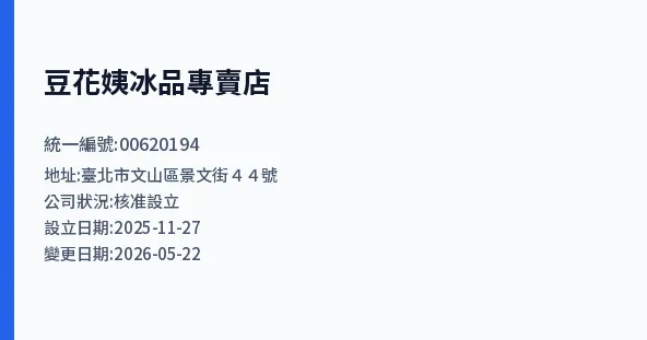 豆花姨冰品專賣店的照片-統編 00620194(臺北市) 公司登記資料與營業項目詳細圖表