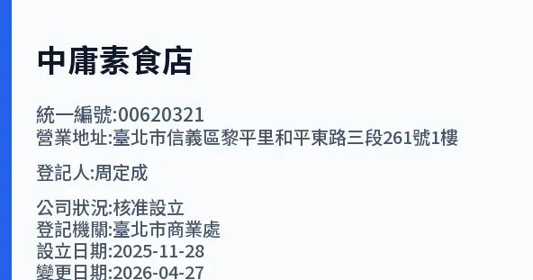 中庸素食店的照片-統編 00620321(臺北市) 公司登記資料與營業項目詳細圖表