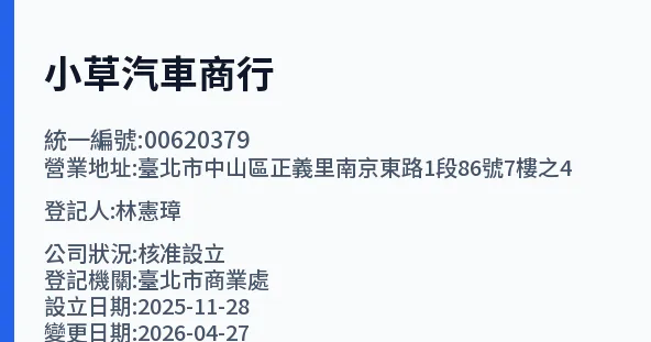 小草汽車商行的照片-統編 00620379(臺北市) 公司登記資料與營業項目詳細圖表