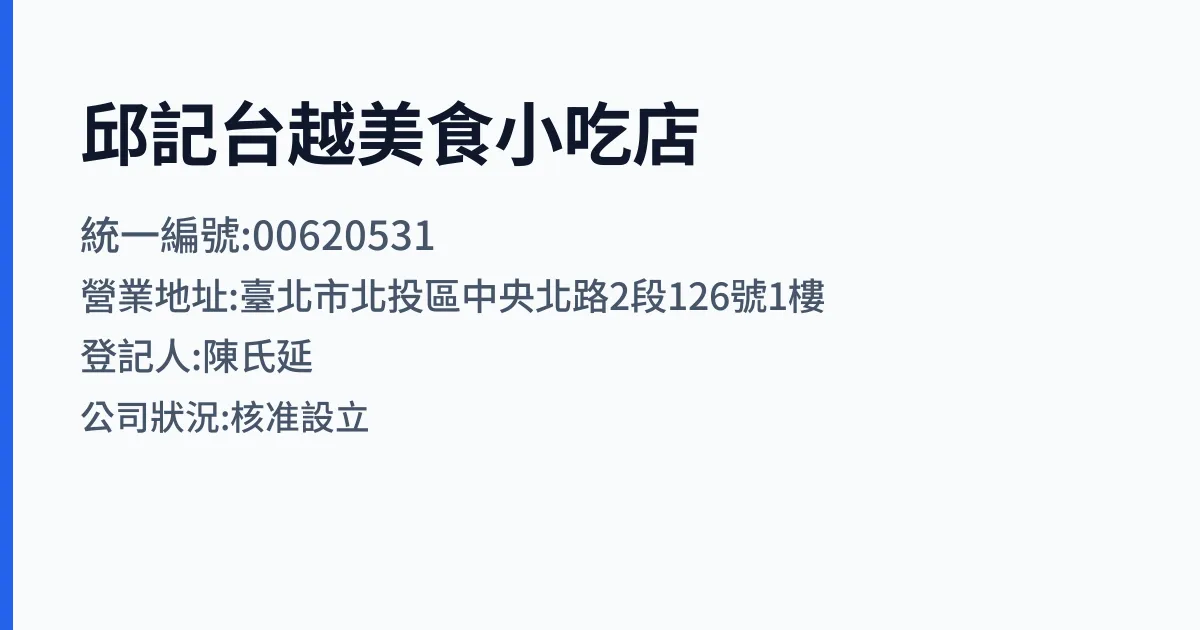 邱記台越美食小吃店 - 統編 00620531(臺北市) 公司登記資料與營業項目詳細圖表