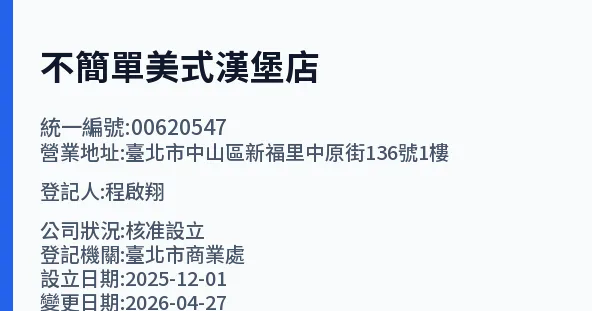 不簡單美式漢堡店的照片-統編 00620547(臺北市) 公司登記資料與營業項目詳細圖表
