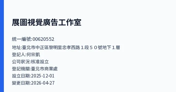 展圖視覺廣告工作室的照片-統編 00620552(臺北市) 公司登記資料與營業項目詳細圖表