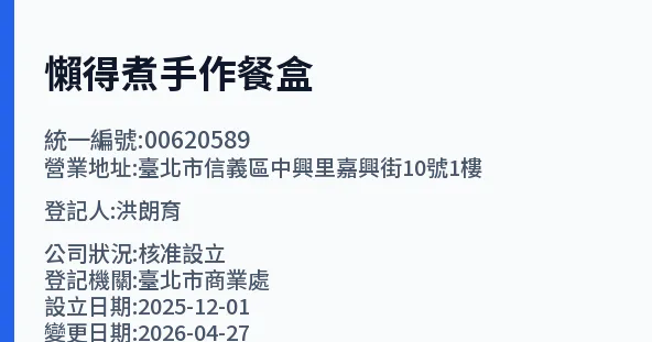 懶得煮手作餐盒的照片-統編 00620589(臺北市) 公司登記資料與營業項目詳細圖表