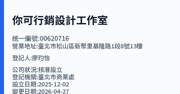 你可行銷設計工作室的照片-統編 00620716(臺北市) 公司登記資料與營業項目詳細圖表