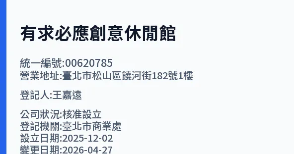 有求必應創意休閒館的照片-統編 00620785(臺北市) 公司登記資料與營業項目詳細圖表