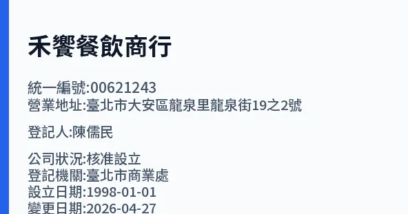 禾饗餐飲商行的照片-統編 00621243(臺北市) 公司登記資料與營業項目詳細圖表