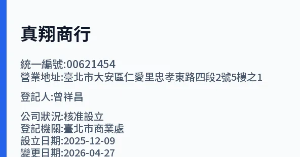 真翔商行的照片-統編 00621454(臺北市) 公司登記資料與營業項目詳細圖表