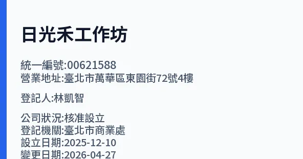 日光禾工作坊的照片-統編 00621588(臺北市) 公司登記資料與營業項目詳細圖表
