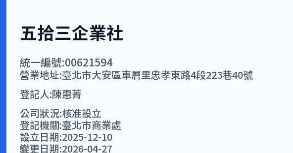 五拾三企業社的照片-統編 00621594(臺北市) 公司登記資料與營業項目詳細圖表
