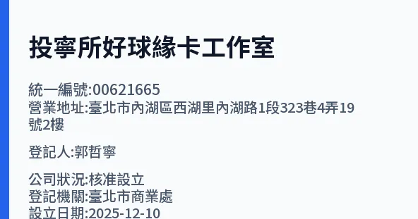 投寧所好球緣卡工作室的照片-統編 00621665(臺北市) 公司登記資料與營業項目詳細圖表