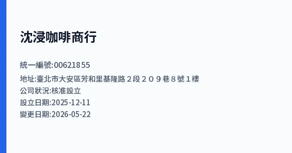 沈浸咖啡商行的照片-統編 00621855(臺北市) 公司登記資料與營業項目詳細圖表