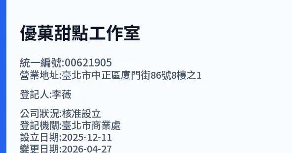 優菓甜點工作室的照片-統編 00621905(臺北市) 公司登記資料與營業項目詳細圖表
