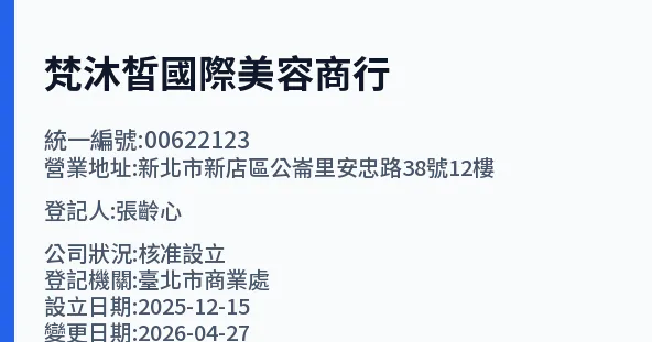 梵沐皙國際美容商行的照片-統編 00622123(新北市) 公司登記資料與營業項目詳細圖表