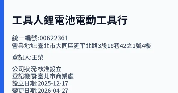 工具人鋰電池電動工具行的照片-統編 00622361(臺北市) 公司登記資料與營業項目詳細圖表