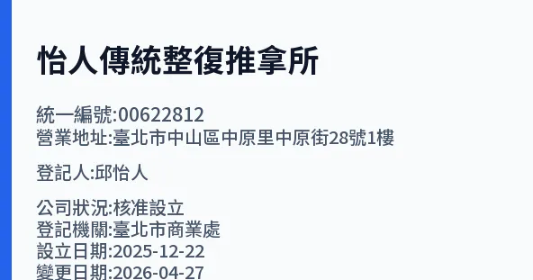 怡人傳統整復推拿所的照片-統編 00622812(臺北市) 公司登記資料與營業項目詳細圖表
