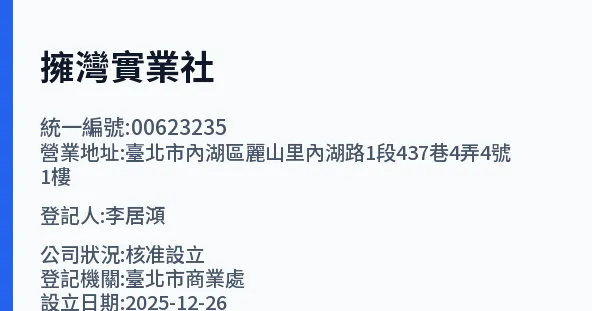 擁灣實業社的照片-統編 00623235(臺北市) 公司登記資料與營業項目詳細圖表