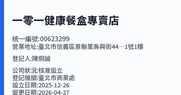 一零一健康餐盒專賣店的照片-統編 00623299(臺北市) 公司登記資料與營業項目詳細圖表