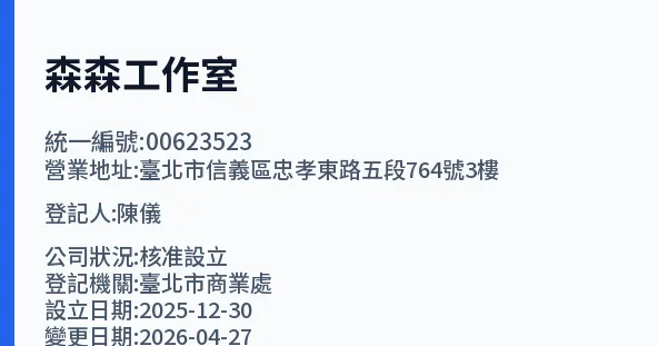 森森工作室的照片-統編 00623523(臺北市) 公司登記資料與營業項目詳細圖表
