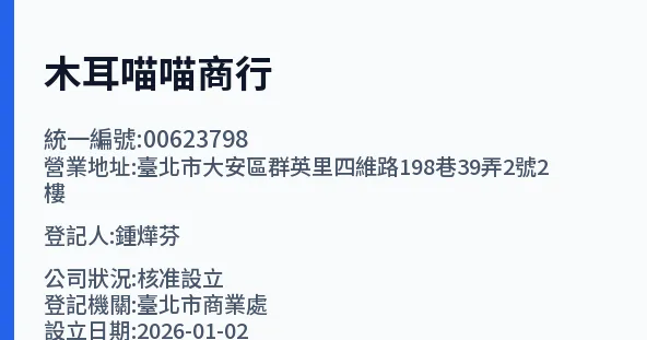 木耳喵喵商行的照片-統編 00623798(臺北市) 公司登記資料與營業項目詳細圖表